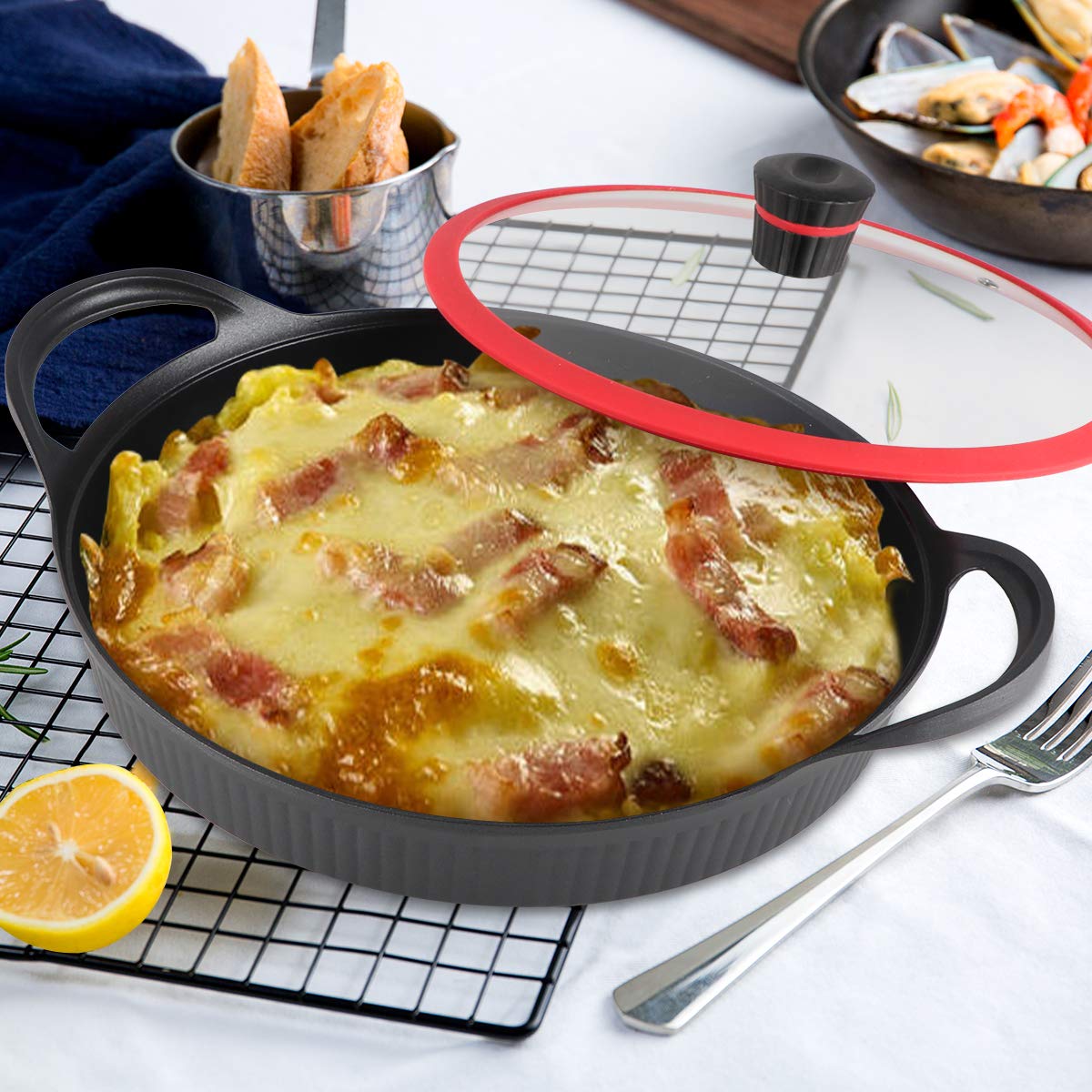 CAINFY Round Grill Pan with Lid, Nonstick Aluminum Stovetop Oven Griddle Grill Pan with Silicone Handles, 11.5 Inch, Dishwasher & Oven Safe