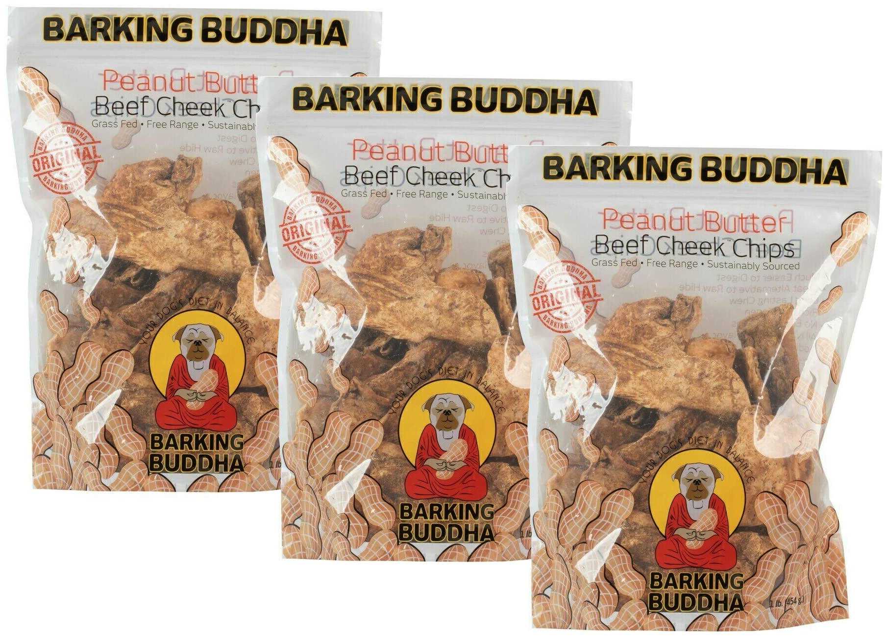 Barking Buddha Beef Cheek Chips | Extra Thick 2"-4" All Natural Rawhide Alternative No Hide Premium Dog Chew Strips | Peanut Butter | (Pack of 3-1LB Bags)