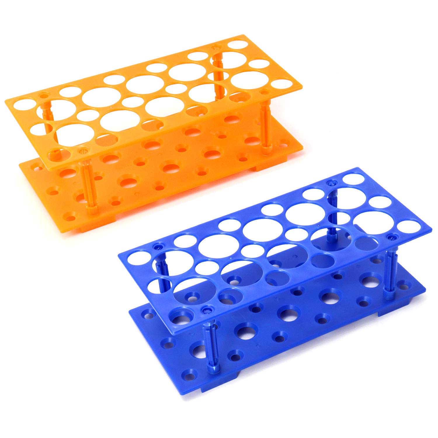 QWORK Centrifuge Tube Holder Set - Plastic Test Tube Rack (2 Pack) in Blue and Orange, Accommodates 10ml, 15ml, and 50ml Tubes, Detachable Stand