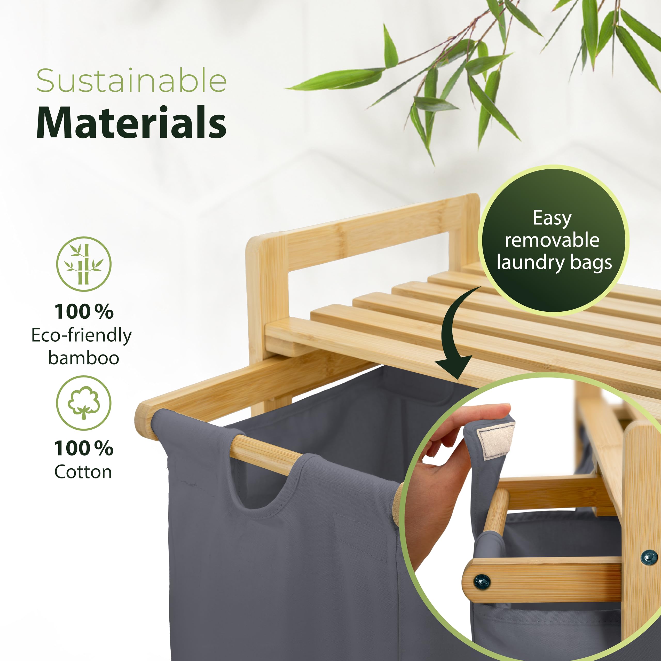 AMBIAVO Laundry Hamper 3 Section bluegrey - Large Bamboo Laundry Sorter with Removable Cotton Bags -Three Compartment Organizer for Clothes - Eco-Friendly and Stylish Storage Solution for Home