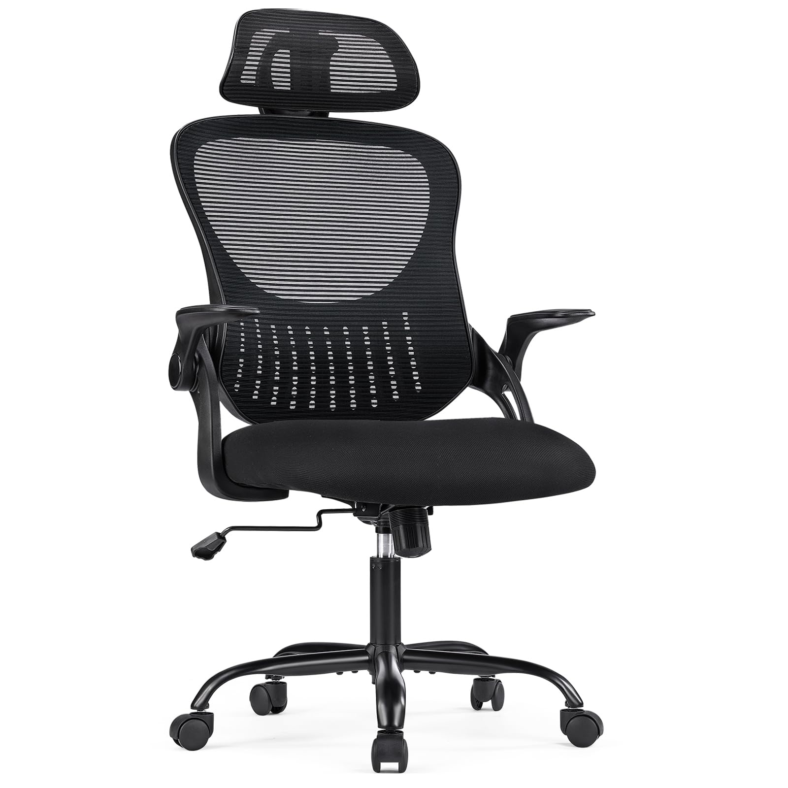 OLIXIS Ergonomic Office High-Back Mesh Computer Desk Wheels, Adjustable Headrest and Flip-Up Arms, Swivel Comfy Padded Rolling Task Chairs for Home Study Bedroom Gamer, Black, 26.69 x 25.39 x 52.95