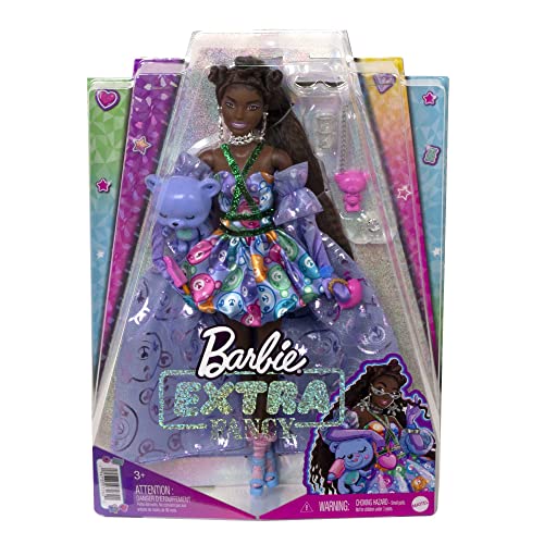 Barbie Extra Fancy Fashion Doll & Accessories Dressed in a Teddy-Print Gown with Sheer Train, Plus Teddy Bear Pet