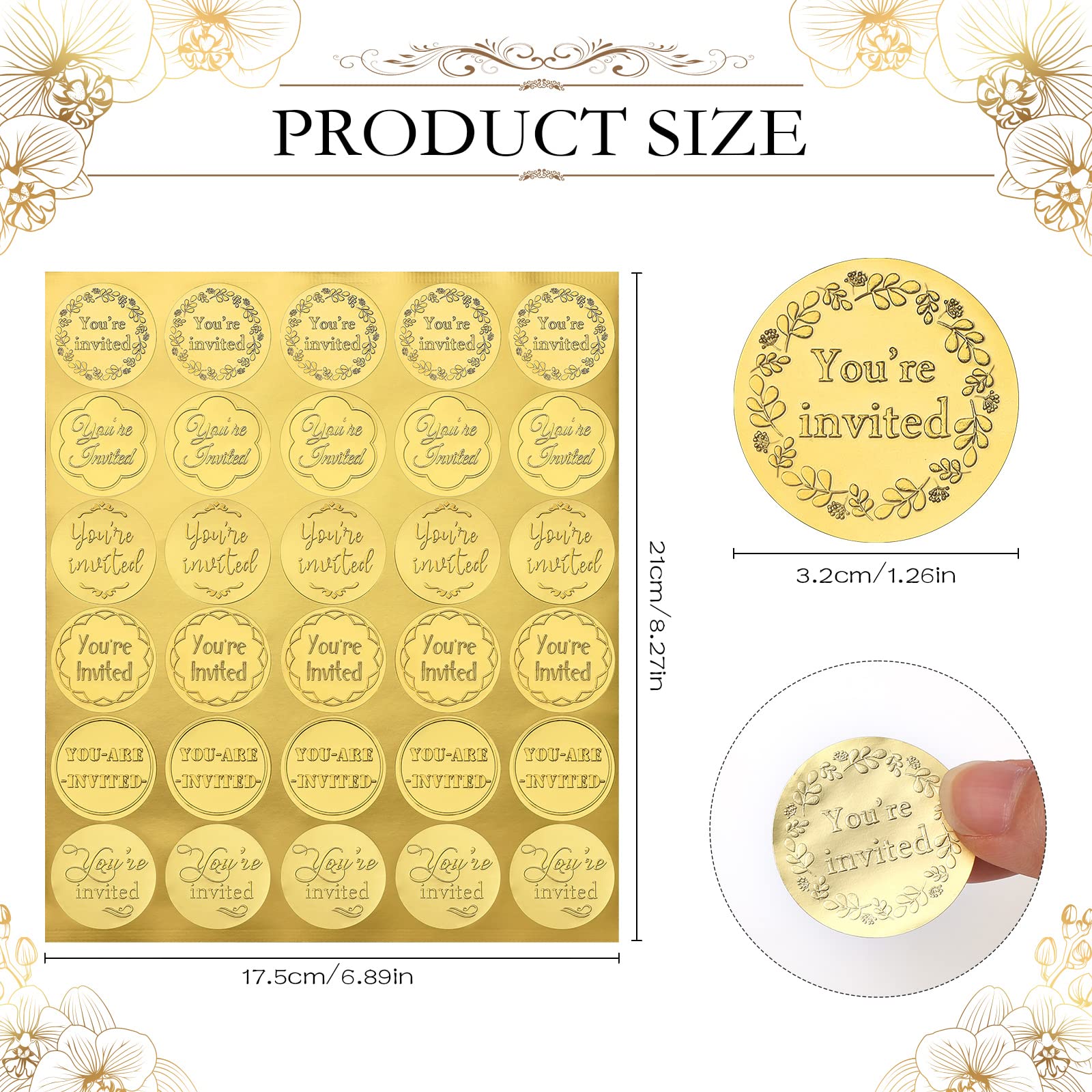 540 Pcs You're Invited Round Embossed Foil Seals Embossed Aluminum Foil Sticker Envelope Seal Stickers Gold Seal Stickers Gold Envelope Seals for Wedding Invitation Envelopes Present Decoration