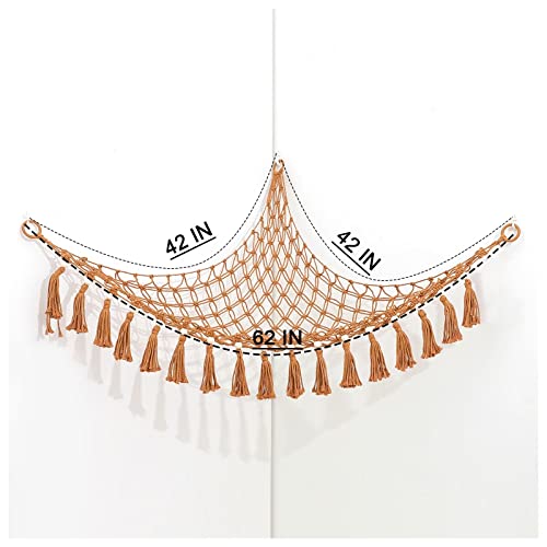JIELAIMI Stuffed Animal Toy Storage Organizer, Toy Storage Hammock with Decorative Tassels Corner Large Capability Toy Net Holder (brown)