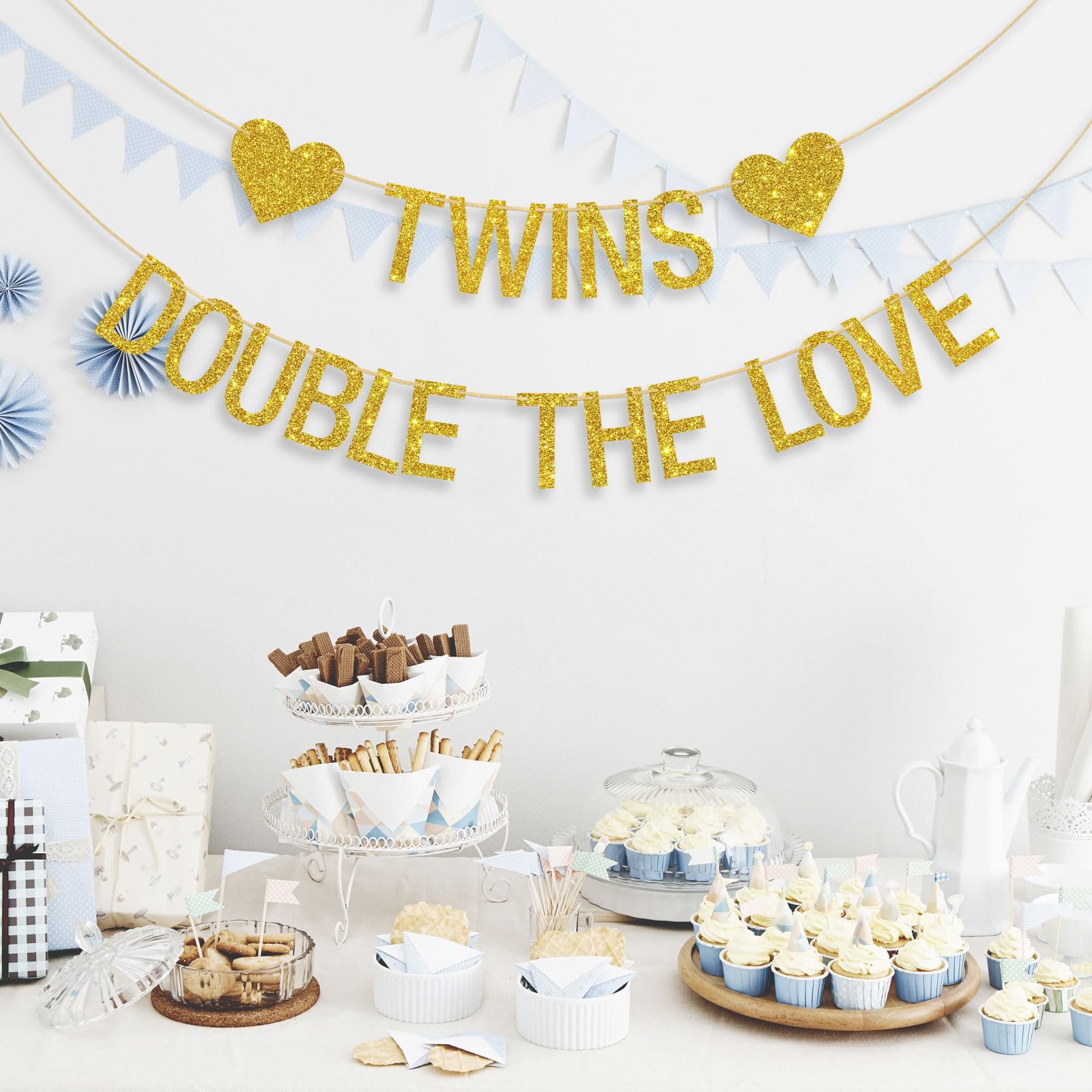 Ambishi Twins Double The Love Banner, Twins Baby Shower/Twins Birthday/Engagement/Wedding Party Decorations (Gold Gliter)