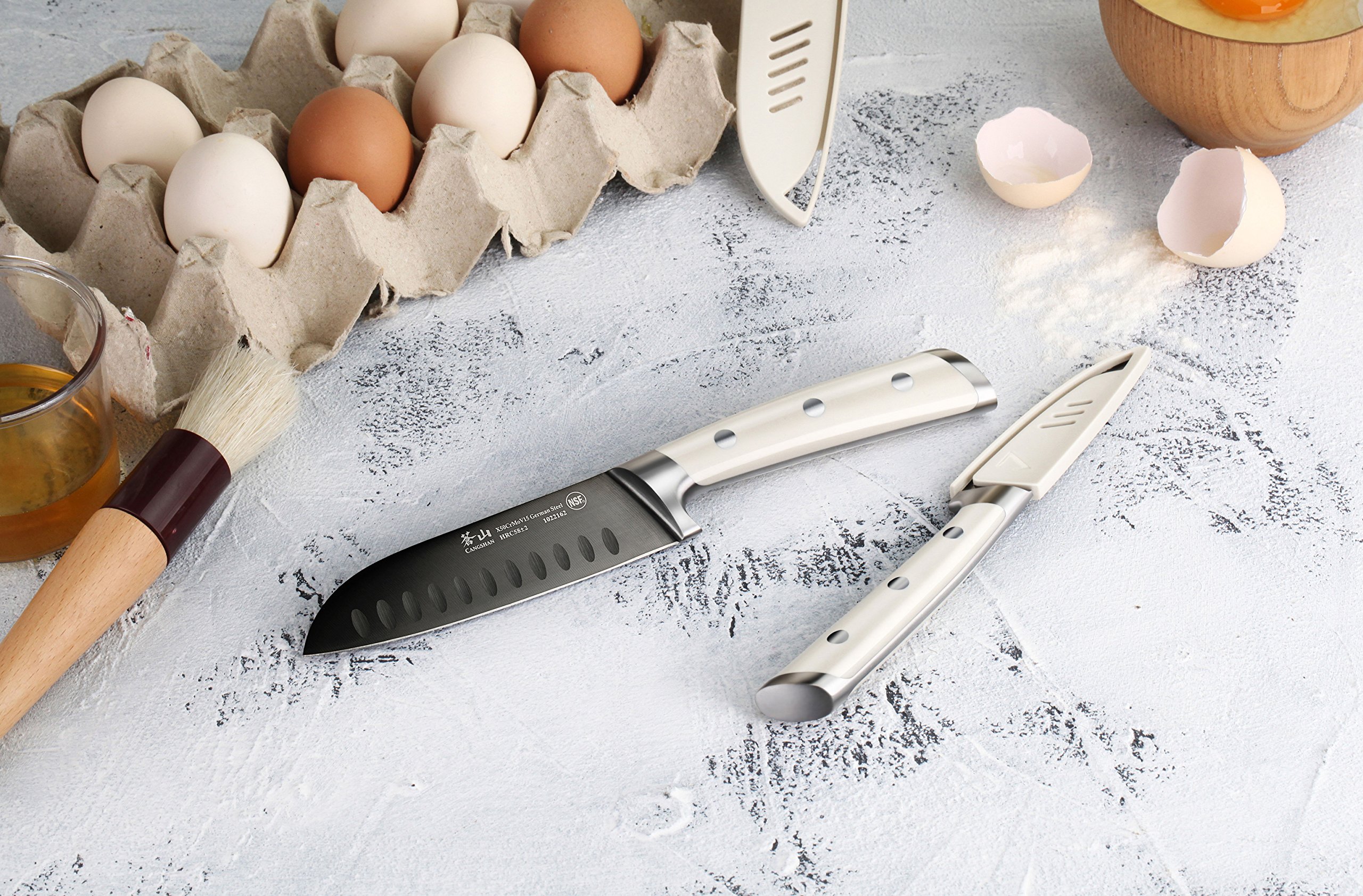 Cangshan S+ Series 1022100 German Steel Forged 2-Piece Titanium Coated Santoku Starter Knife Set with Sheaths, Vanilla White