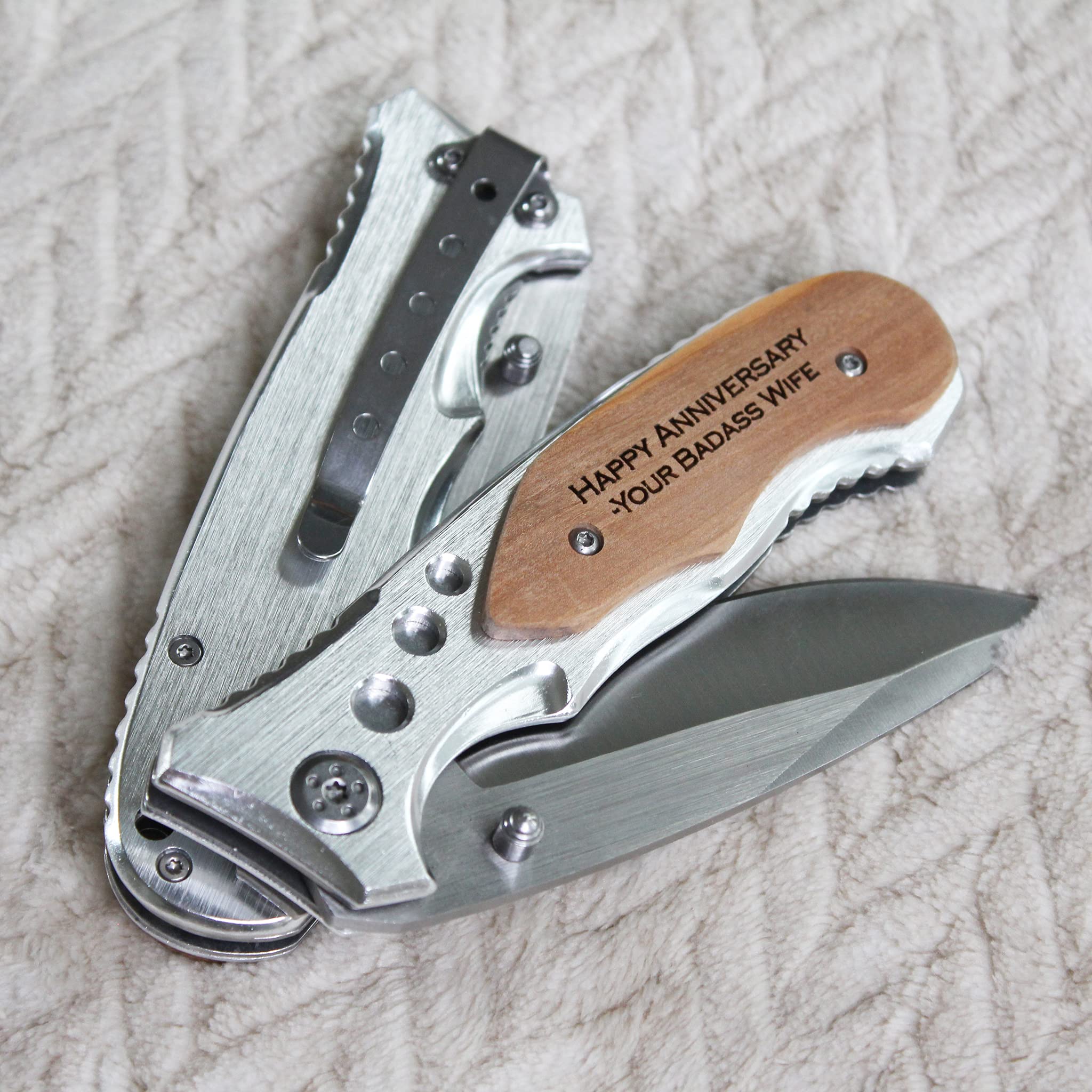 Anniversary Gift For Men Custom Engraved I Love You More Wood Handle Folding Pocket Knife (Stainless Steel)