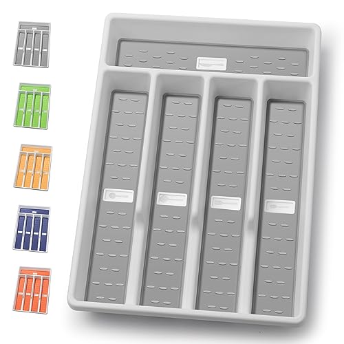 CherHome Silverware Organizer with Cutlery Icons,Silverware Tray for Kitchen Drawer,Plastic Flatware Tableware Silverware Drawer Organizer Utensil Organizer with Non-slip TPR Linings,5-Compartment(Grey)
