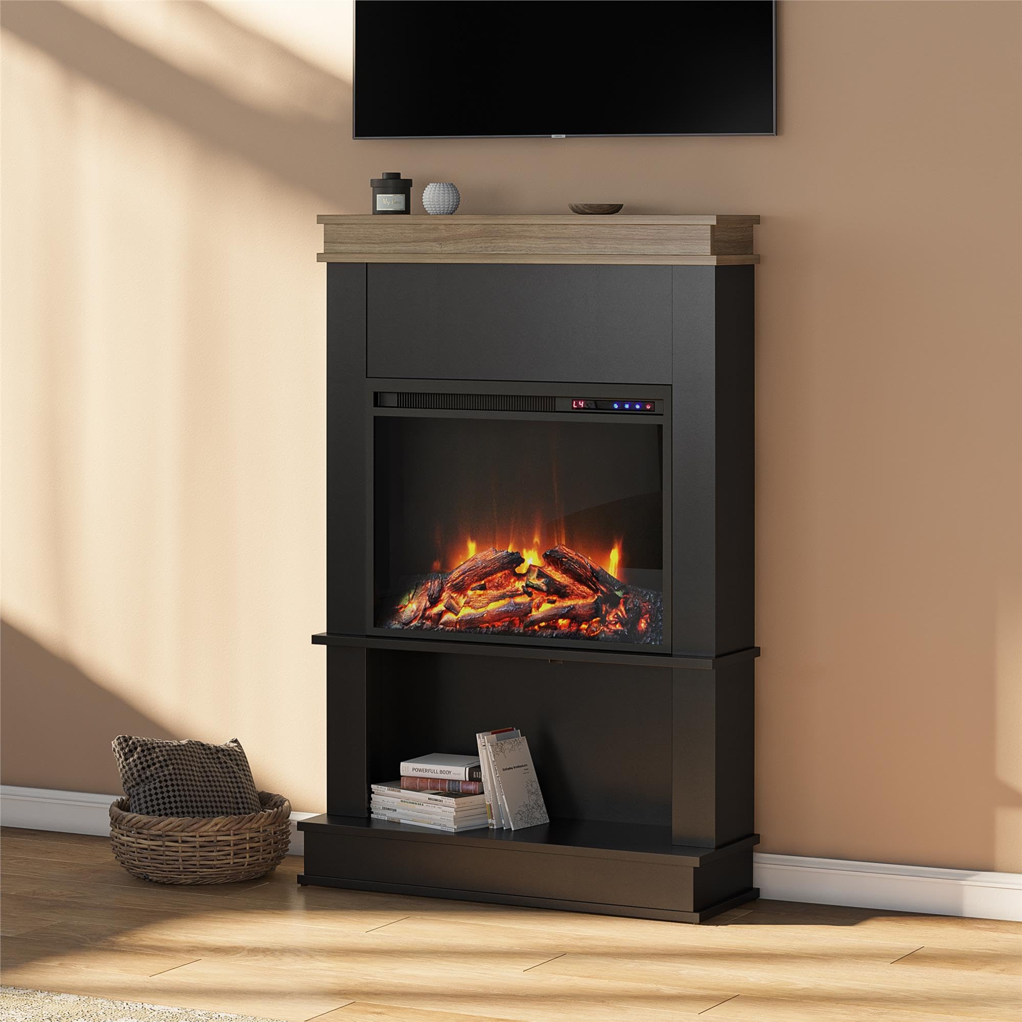 Ameriwood Home Mateo Electric Fireplace with Mantel & Open Shelf, Black