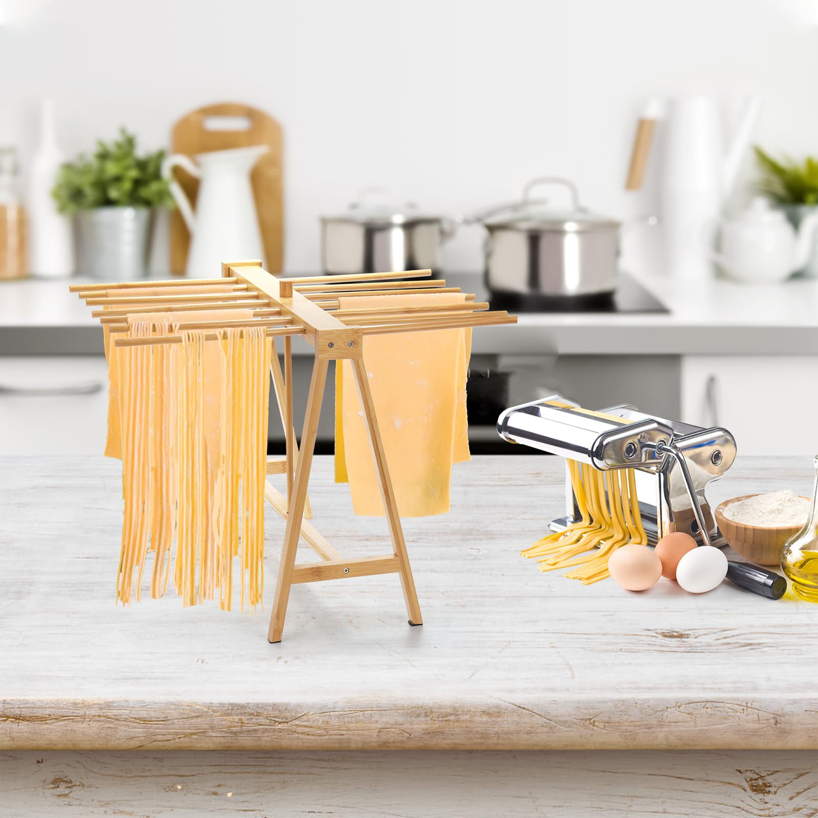Pumtus Bamboo Pasta Drying Rack, Noodle Dryer Stand with Transfer Wand and 14 Bars, Stable Household Spaghetti Hanger, Lasagna Noodle Drying Rack for Kitchen and Cooking