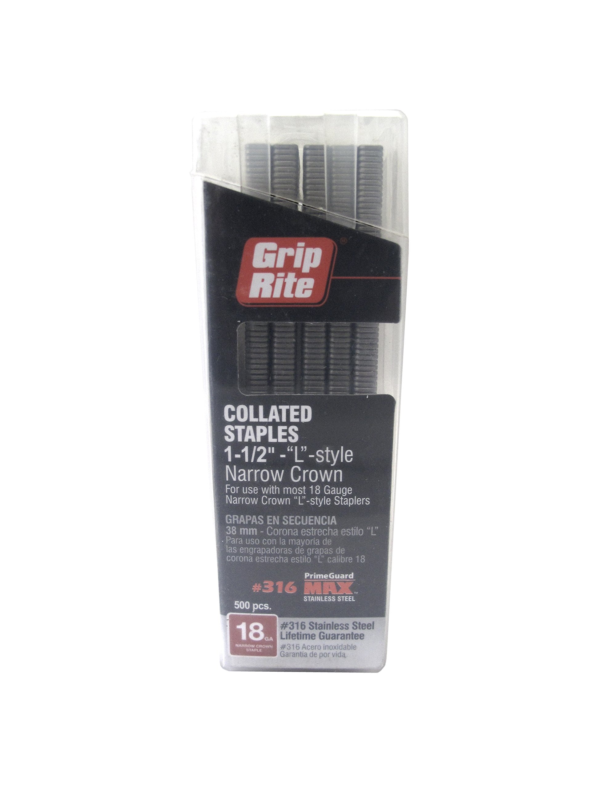 Grip Rite Prime Guard MAXB64912 1-1/2-inch 316 Stainless Steel 18 Gauge “L”-style Narrow Crown Staple, 500 per Belt Clip