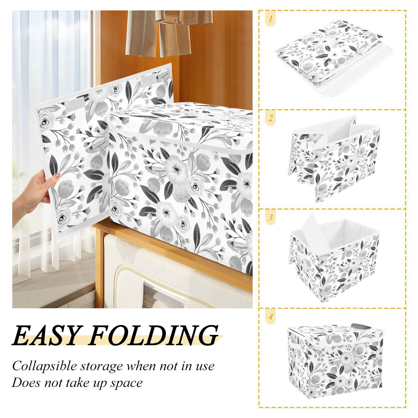 Black Grey Floral Flowers on White Storage Basket Bin with Lid, Foldable Bucket Box Closet Organizer Laundry Hamper for Home Office 16.5x12.6x11.8 in