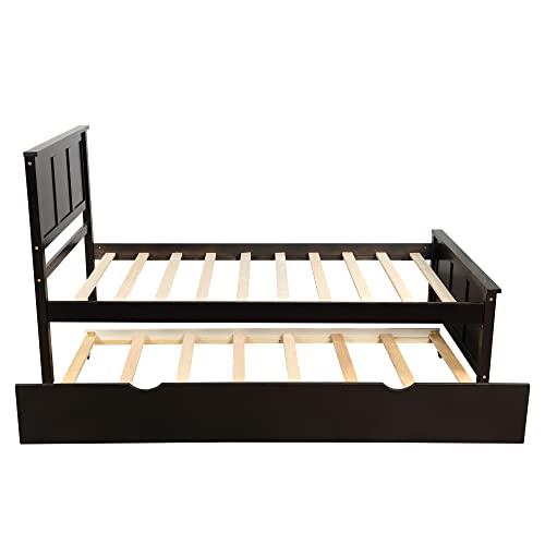 CITYLIGHT Twin Bed Frame with Trundle, Twin Trundle Bed with Headboard, Wood Twin Platform Bed for Kids,Girls,Boys or Guest Room,No Box Spring Needed,Espresso