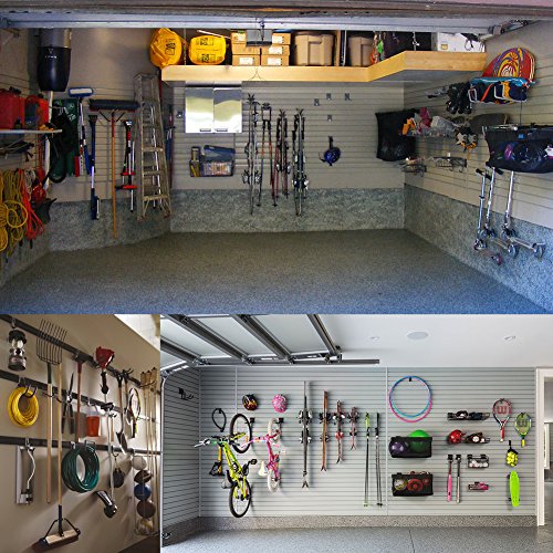 Wall-Mounted Steel Long-Handled Tools Storage Rack, 12 Inch Steel Garage Utility Double Hooks Organizing Ladders, Rakes, Hose, Shovel, Brooms, Max Capacity 55Lbs (Pack of 2 )