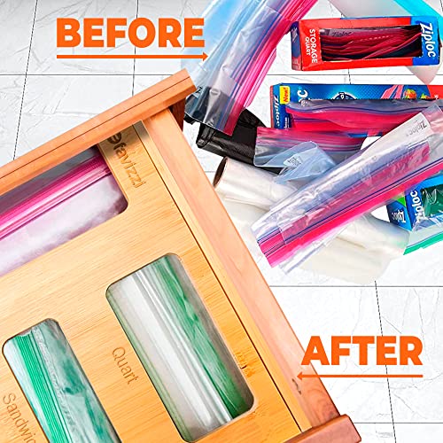 Favizzi Drawer Storage Organizer for Ziploc Bags, Premium Bamboo Kitchen Drawer Bags Organizer and Dispenser, Fits Gallon, Quart, Sandwich and Snack Bags