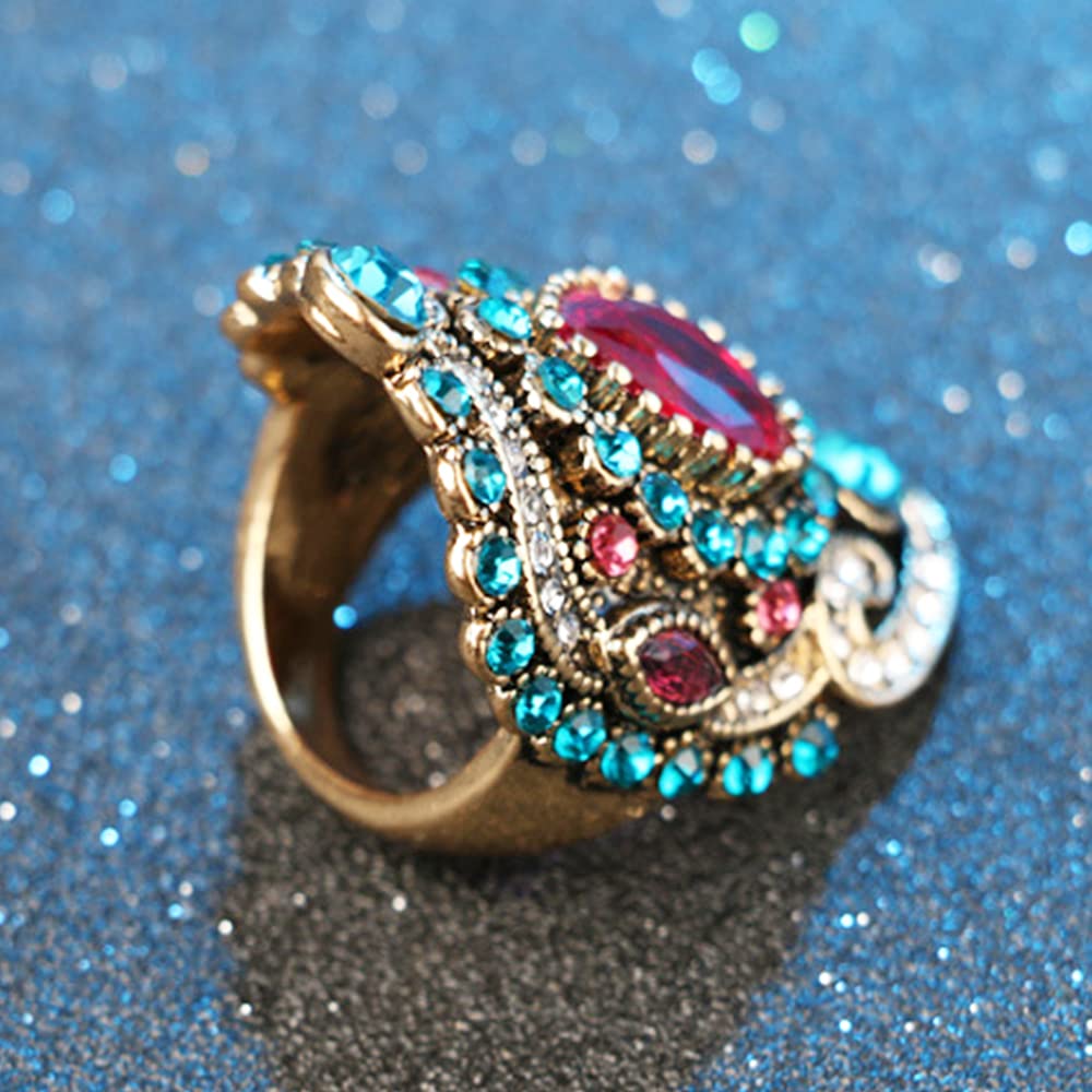 ABJFJE Retro Crystal Cocktail Statement Ring Antique Colorful Rhinestone Stacking Wedding Band Rings Fashion Jewelry Accessories for Women Gift
