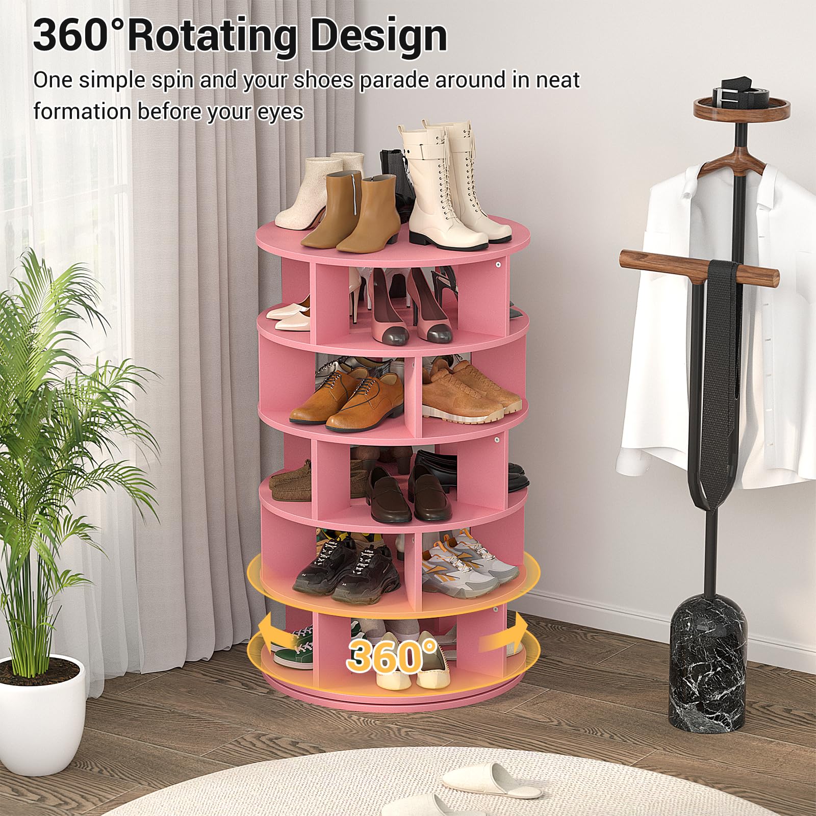 Aheaplus Rotating Shoe Rack, 5-Tier Wood Shoe Organizer for Closet, 360° Spinning Shoe Rack Tower Space-Saving Shoe Storage Shelf for Entryway, Garage, Bedroom, Black