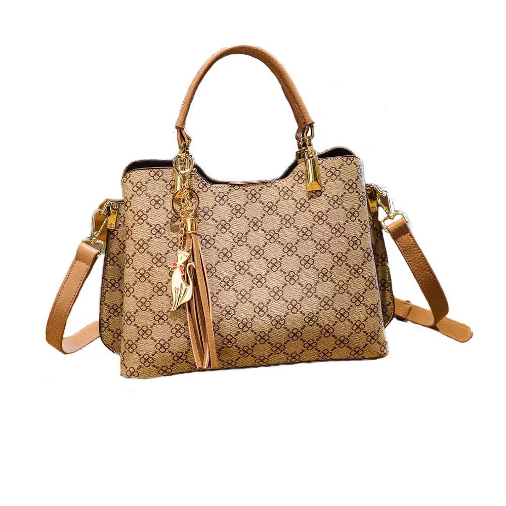 Eightown Beige Tote Bag for Women - Designer Top Handle Bag with Flowers Printing - High-capacity Shoulder Purse with Tassel Pendant(Beige strap)