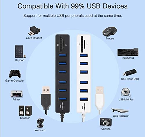 Leya-US LEYAYA Multi USB 2.0 Hub USB Splitter High Speed 6 Ports with TF SD Card Reader(Black) (Color : White)