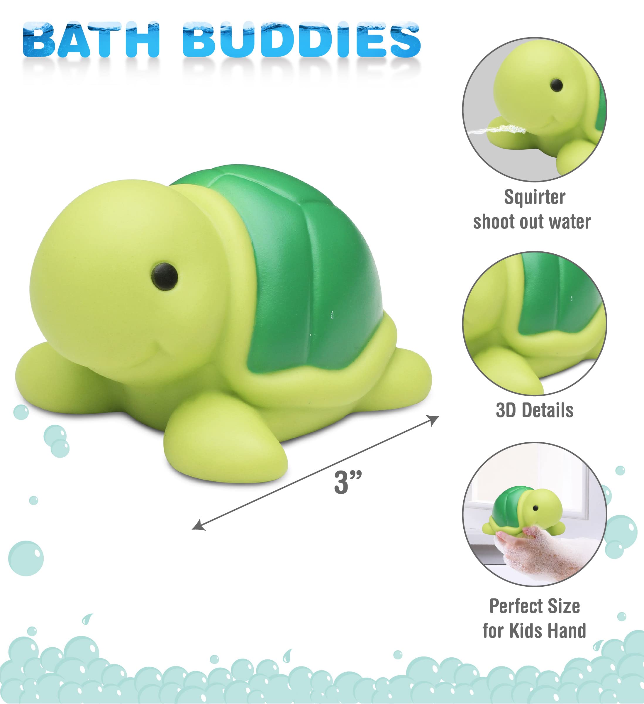 DolliBu Sea Turtle Bath Buddy Squirter – Floating Green Turtle Rubber Bath Toy, Fun Water Squirting Bathtime Play for Toddlers, Cute Sea Life Animal Toy