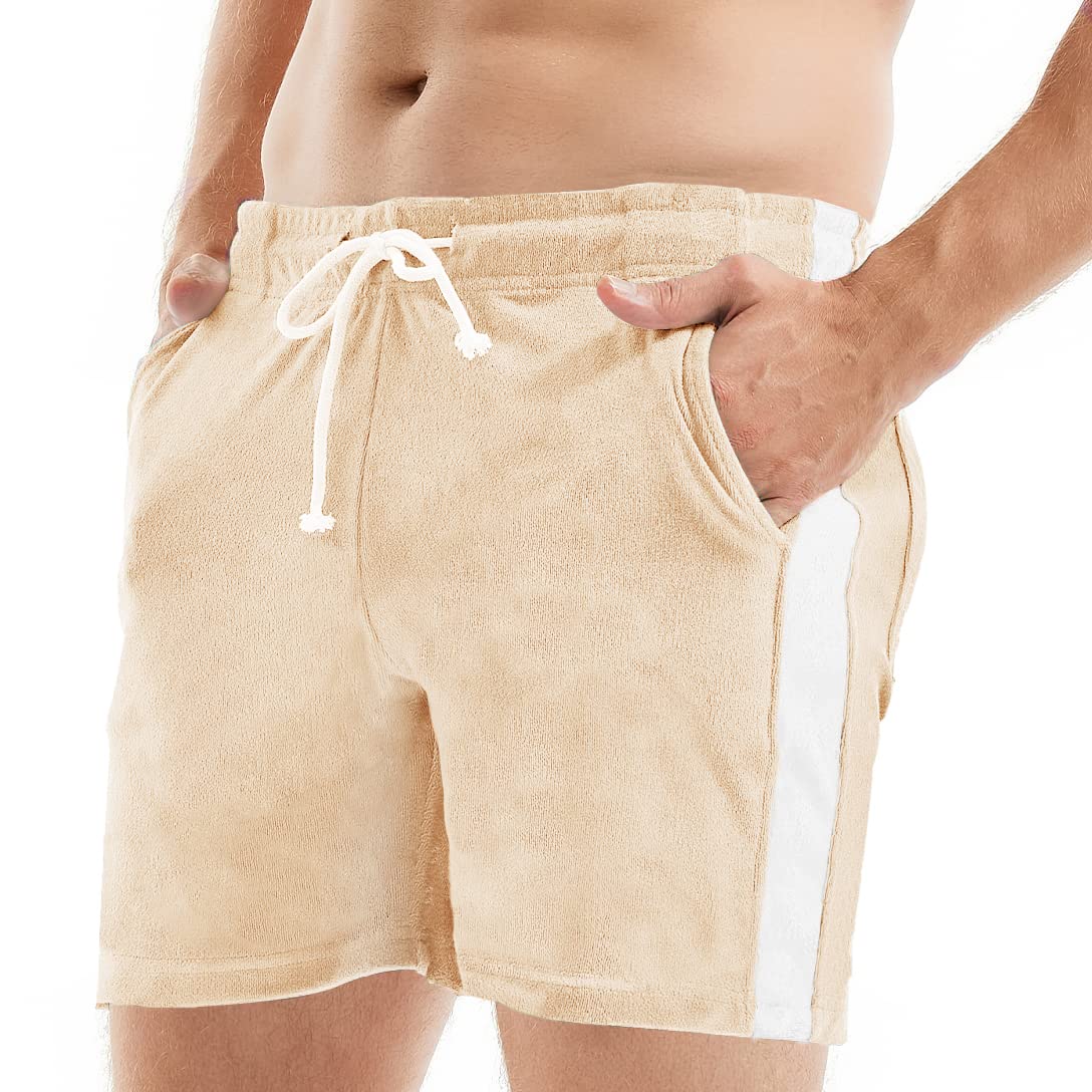 AIMPACT Mens Lounge Jogger Shorts Breathable Active Shorts Color Block 5 Inch Casual Towel Cloth Utility Shorts Khaki Medium