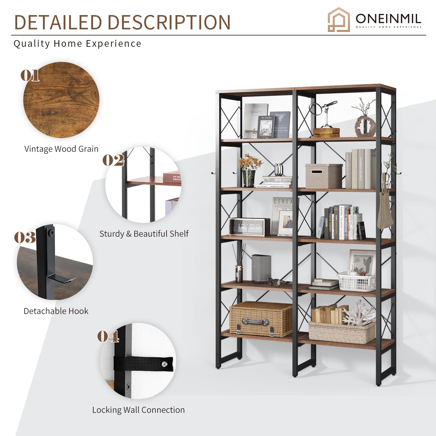 oneinmil Double Wide 6-Tier Bookcase, Industrial Bookshelf with Metal Frame, Open Large Book Shelf, Wood and Tall Display Shelves for Home and Office, Rustic Brown and Black