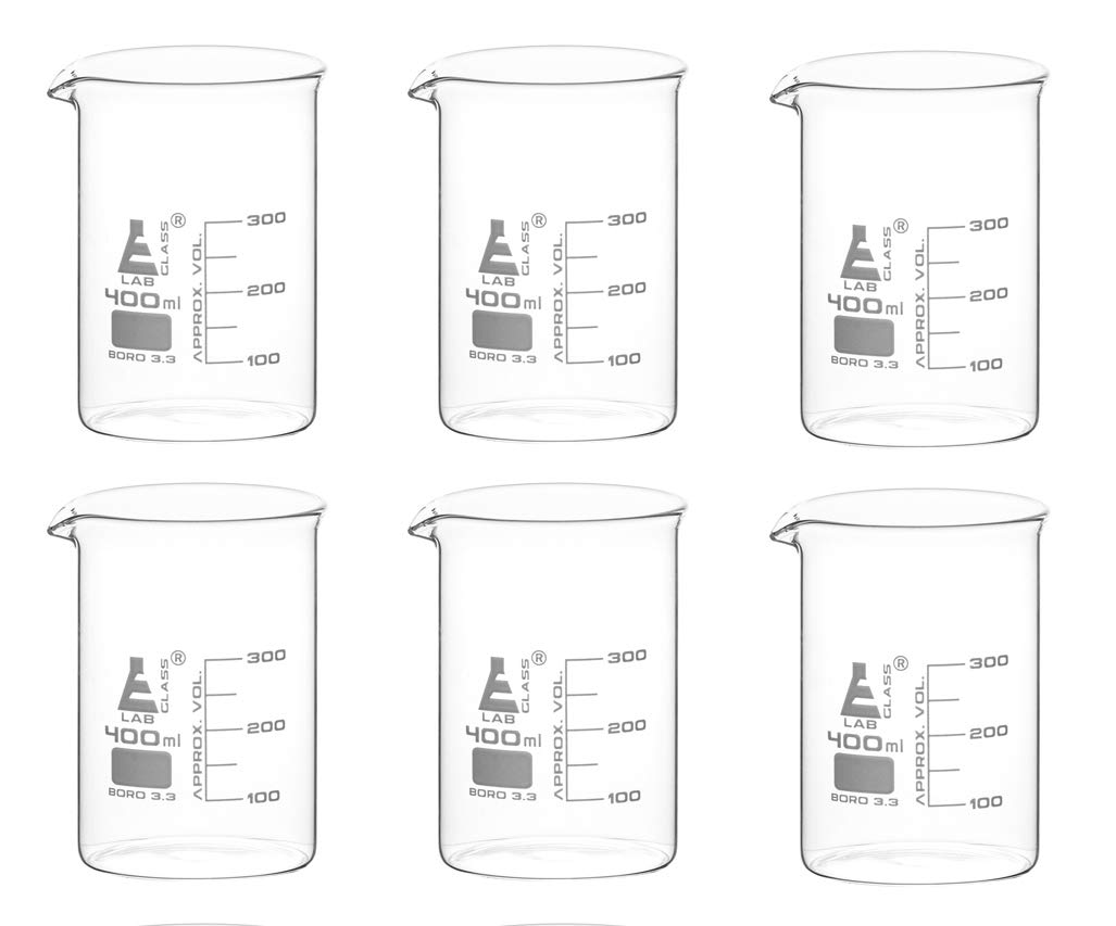 EISCO 6PK Beakers, 400ml - Griffin Style, Low Form with Spout - White, 50ml Graduations - Borosilicate 3.3 Glass
