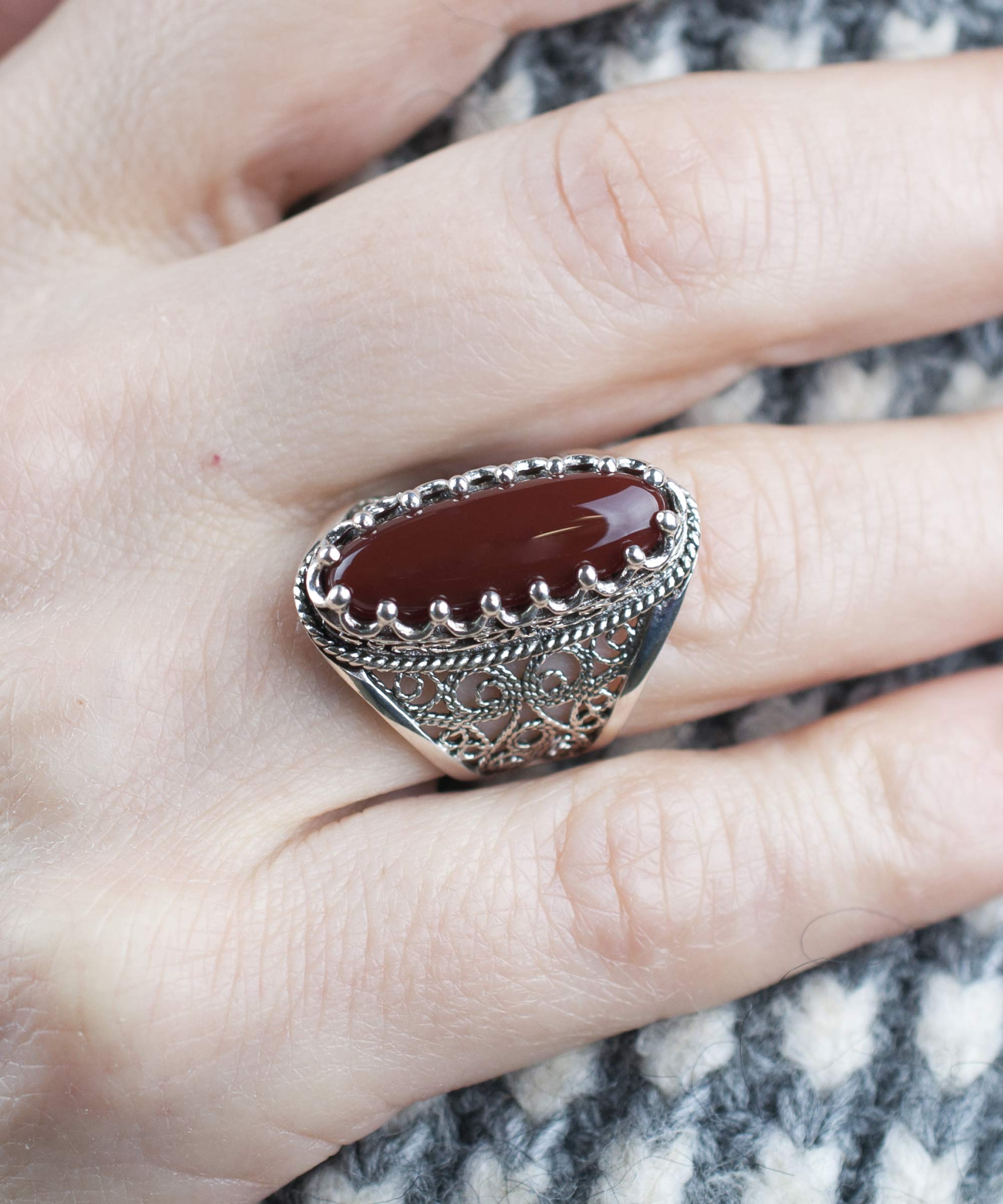925 Sterling Silver Carnelian Filigree Elongated Statement Ring (Size 6-11) (8)