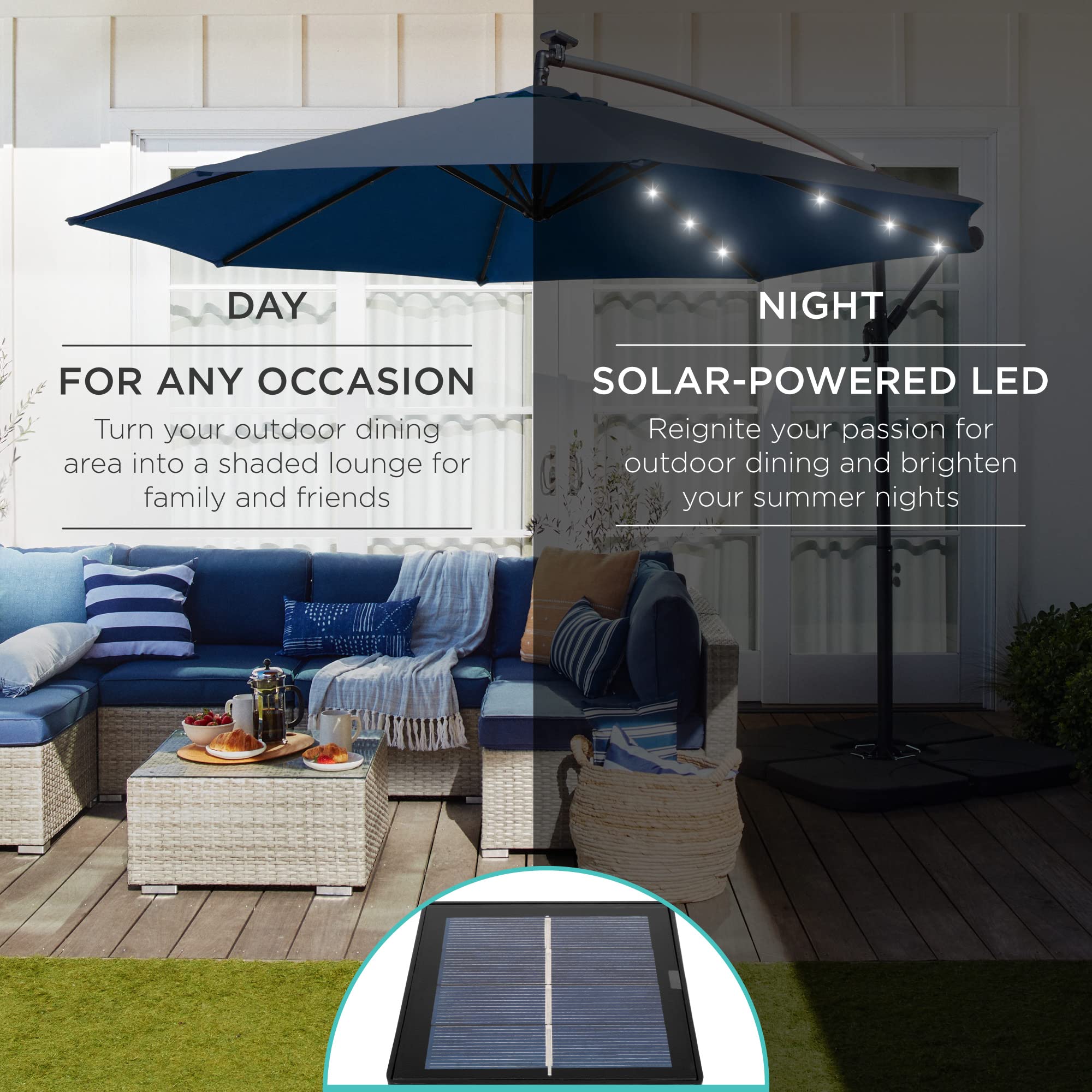 Best Choice Products 10ft Solar LED Offset Hanging Market Patio Umbrella for Backyard, Poolside, Lawn and Garden w/Easy Tilt Adjustment, Polyester Shade, 8 Ribs - Navy Blue