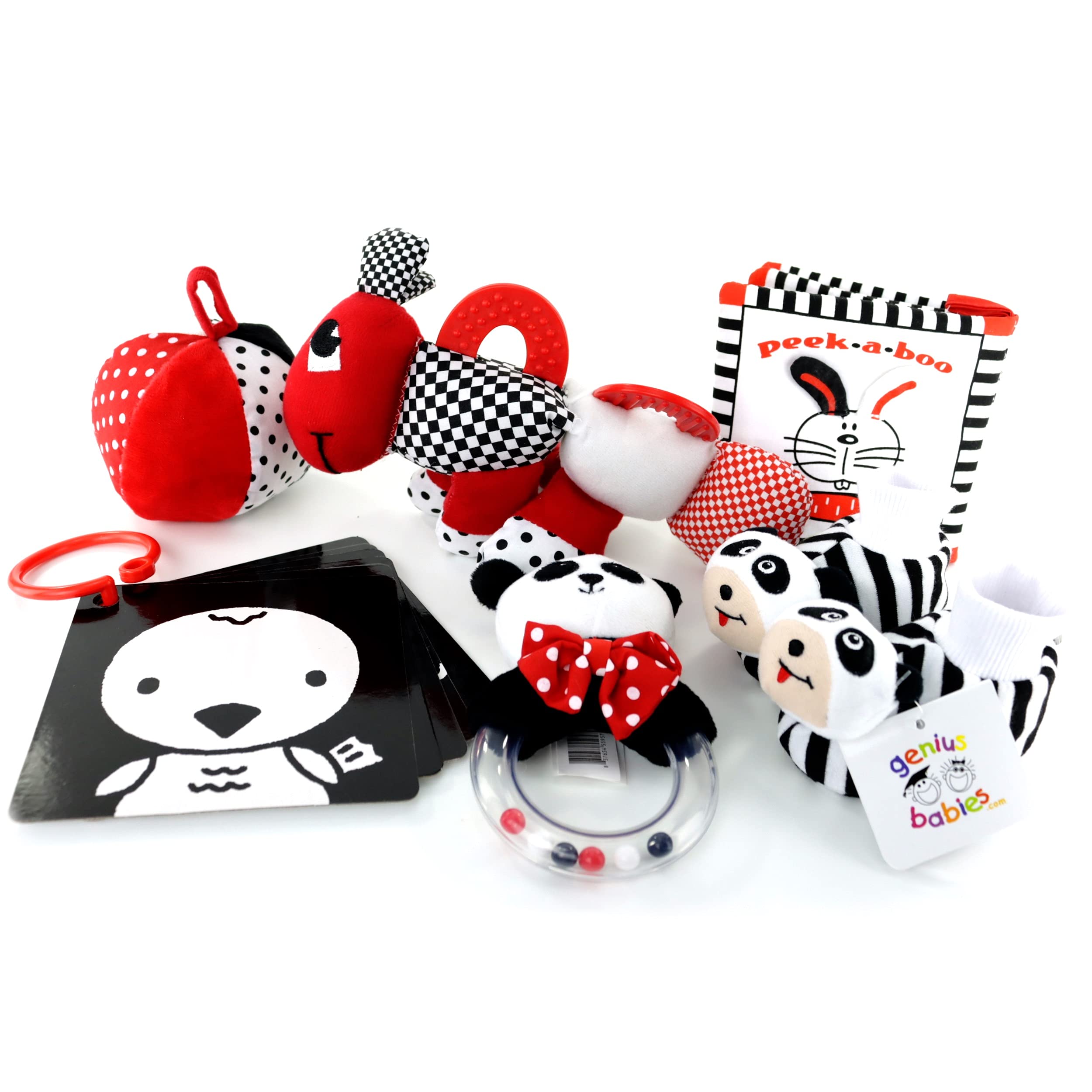 Genius Baby Toys | Brilliant Beginnings Infant Toys Gift Set and Bundle, 6 ct Includes Teether, Rattle, Jingle Ball, Rattle Booties, Cloth Book and Flashcards