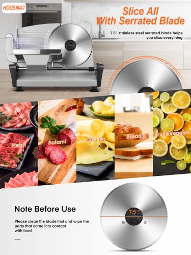 HOUSNAT Meat Slicer for Home Use, Electric Deli Food Slicer Machine with Two 7.5'' Blade and 0-15 mm Adjustable Thickness for Meat, Cheese, Bread, Include Food Pusher, 150W