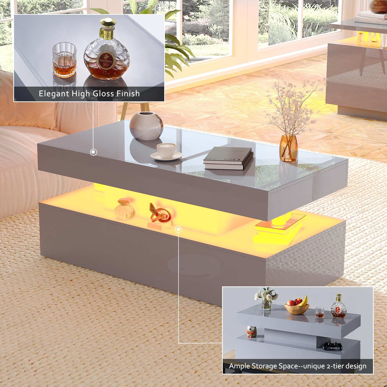 AMERLIFE 5 Piece Modern Living Room Table Set, Includes 70" Fireplace TV Stand, 2-Tier Coffee Table, 2 X Side Tables with Charging Station, LED Media Furniture, Grey