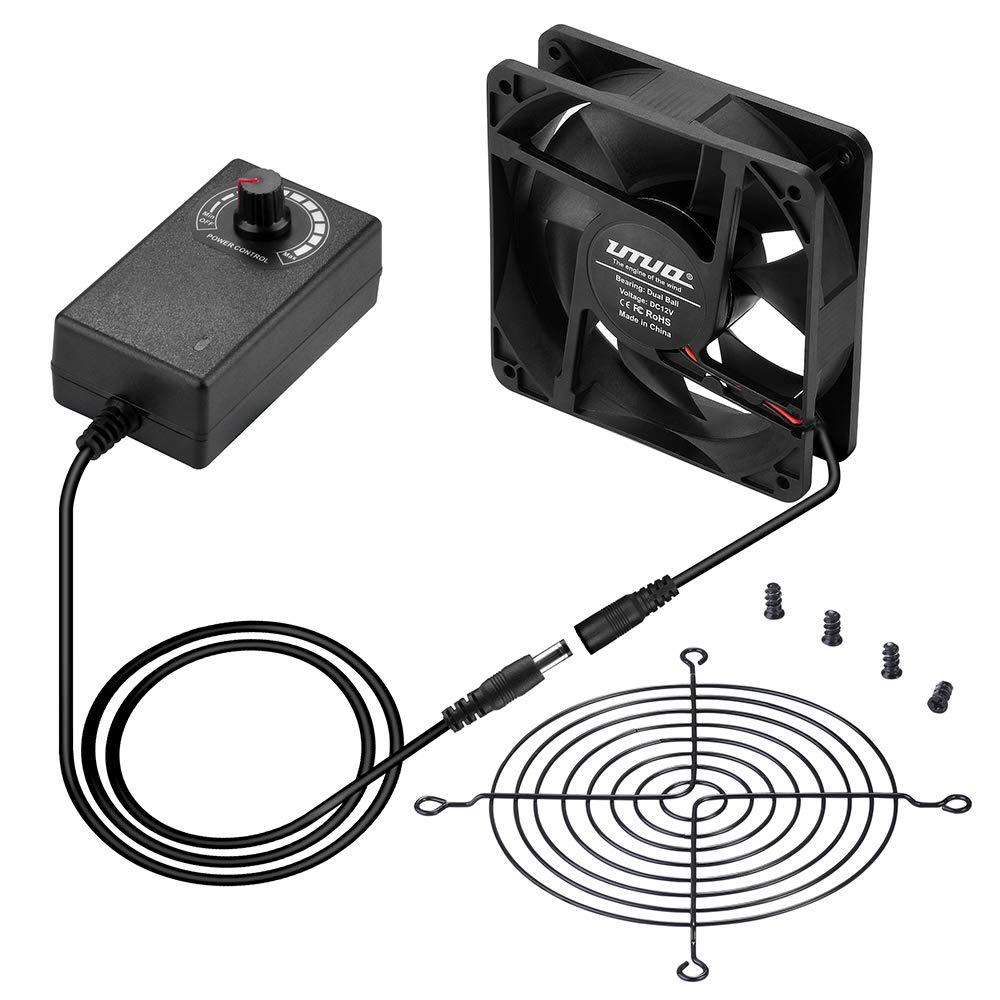 UTUO Variable Speed Fan, 110V 120V 220V AC Powered 120mm Dual Ball Bearings Air Exhaust Vent Cooling Axial Flow Muffin Fan with 3 to 12v DC Adjustable Speed Control Dimmer Switch