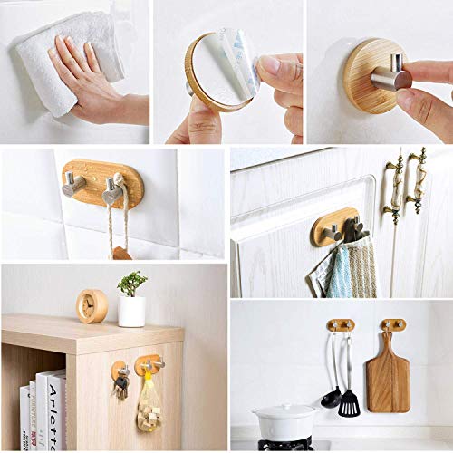 Chiloskit 2PCS Natural Bamboo Stainless Steel Adhesive Hooks Wall Clothes Bag Headphone Key Hanger Shelf Wall Hangers Without Nails (1 Hook)