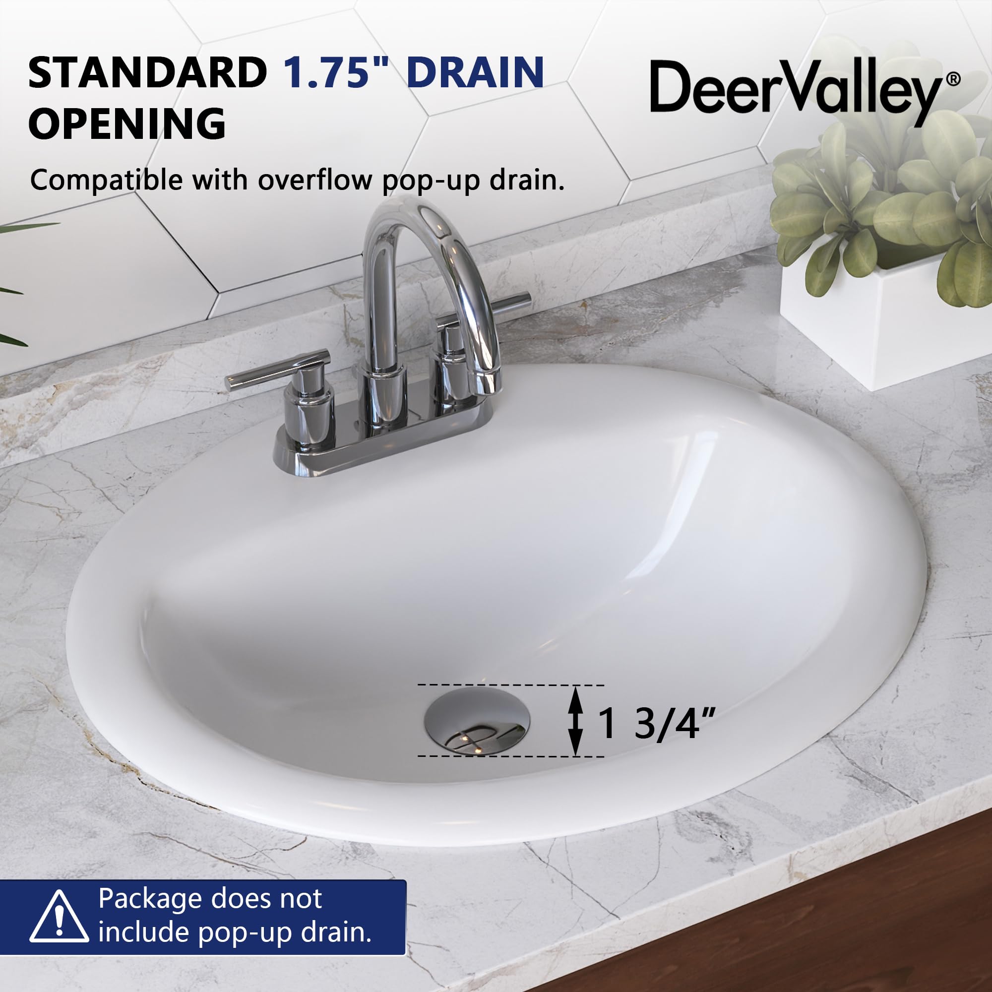 Bathroom Vessel Sink, DeerValley, 20”x17” Oval Ceramic Drop-in Sink for Bathroom White Vessel Sink Modern Art Basin Bathroom Sink with Overflow and Three Faucet Holes at 1.25”, DV-1DS0120
