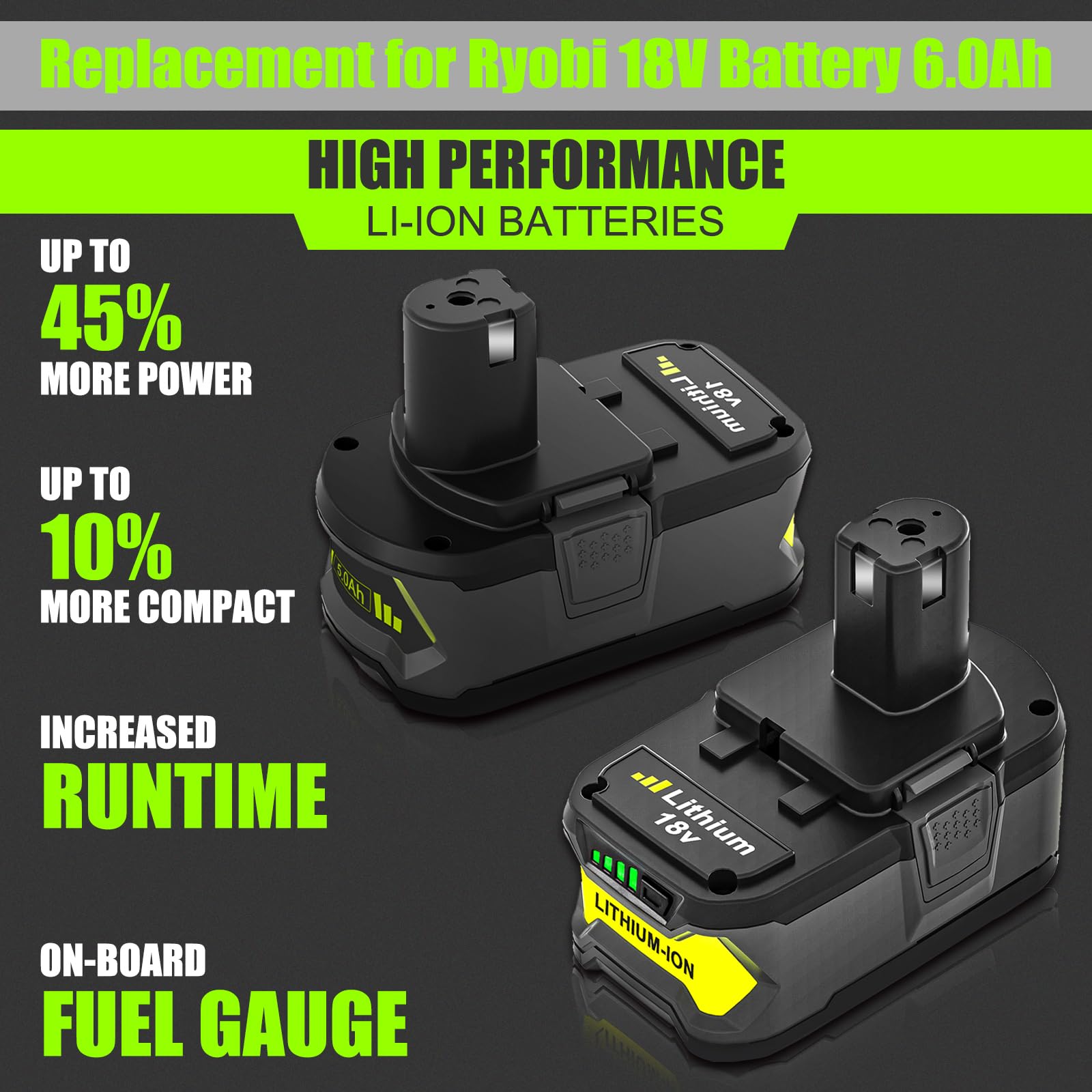 Amsbat 2 Packs 6.0Ah Replacement for Ryobi 18V Battery Lithium 18 Volt Battery P102 P104 P105 P107 P108 P109 P190 P122 Cordless Power Tools [Upgraded to 6.0Ah](Yellow)