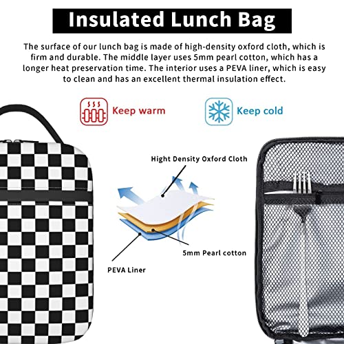 Golosila Black White Racing and Checkered Pattern Totes Lunch Bag Portable Insulated Lunch Box Back to School Picnic Office Travel
