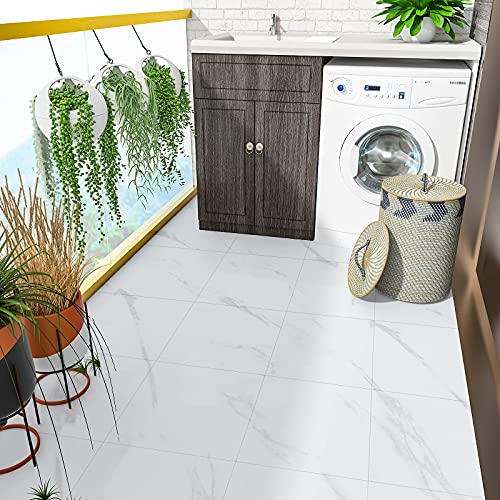 CHICHOME 16 Pack Peel and Stick Floor Tile Bathroom Waterproof White Marble Floor Tiles 12x12 Inch Self Adhesive Vinyl Flooring Removable Sticky Tiles Decorative for Floor Kitchen Bedroom Living Room