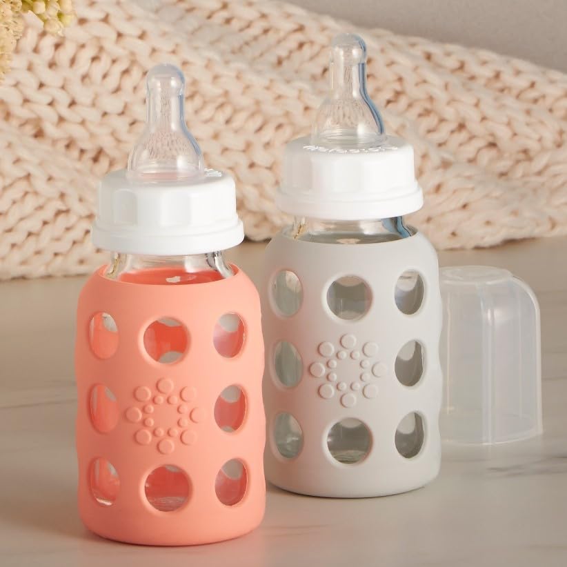 Lifefactory Glass Baby Bottles with Silicone Protection - 4-Pack, 4 oz Each Bottle (2- Lavender, 1- Mint & 1- Cantaloupe)