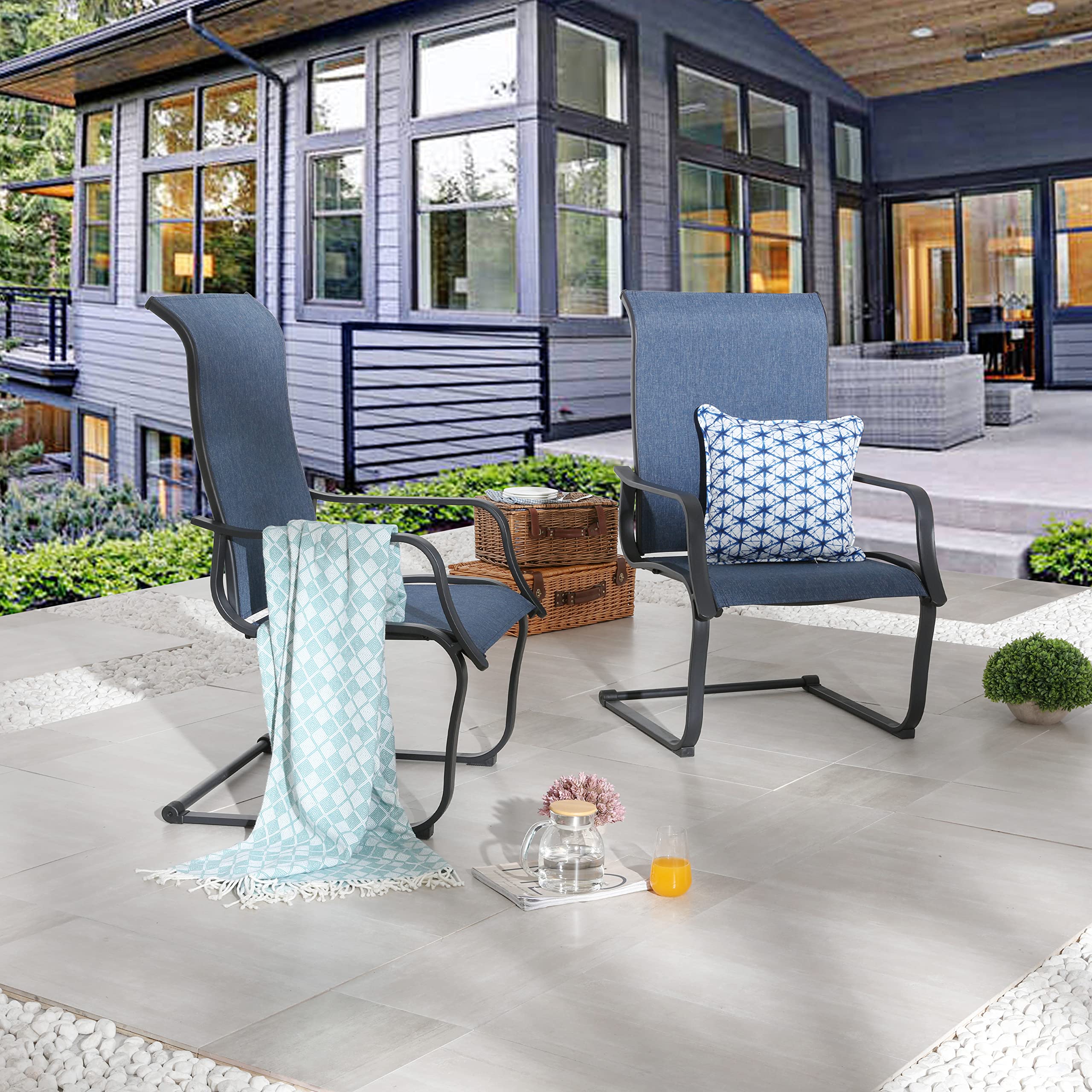LOKATSE HOME 2 Pieces Patio Dining Armchairs C Spring Motion Chairs Outdoor Metal Set, Blue