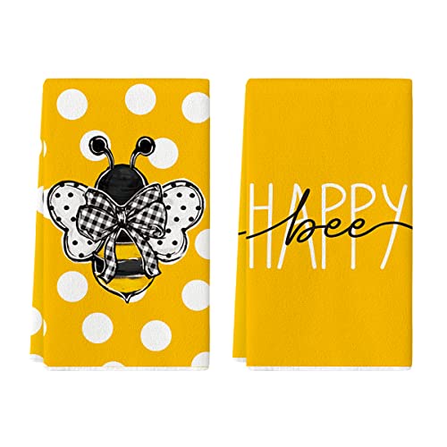 Artoid Mode Bee Happy Summer Kitchen Towels Dish Towels, 18x26 Inch Polka Dot Holiday Decoration Hand Towels Set of 2