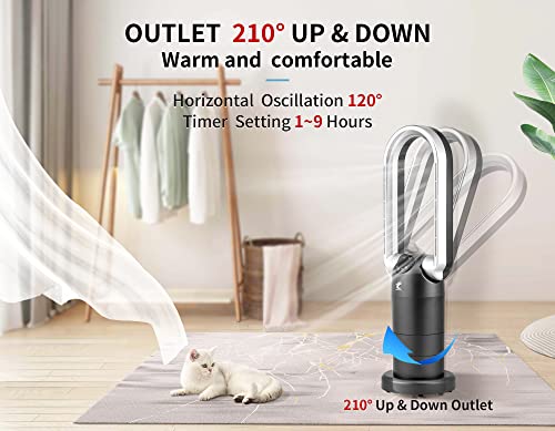 Bladeless Tower Fan & H13 HEPA Air Purifier & 1500W Space Heater 3in1, 120° Swing & 210° Tilt Head Table Fan, 29in. 35W Desk Fan with Remote, 9 Speeds 9H Timer Air Circulator for Home Office, G/S…