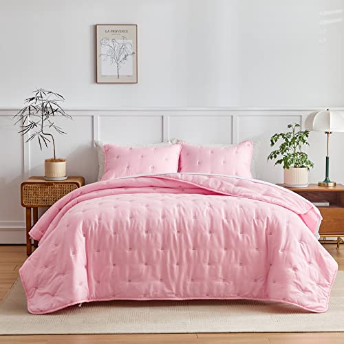 Joyreap 3 Pieces Quilt Set Queen Size Pink, Microfiber Lightweight Quilt Bedding Set, Bedspread Coverlet Bed Cover for All Season, 1 Quilt and 2 Pillow Shams- 90x90 inches