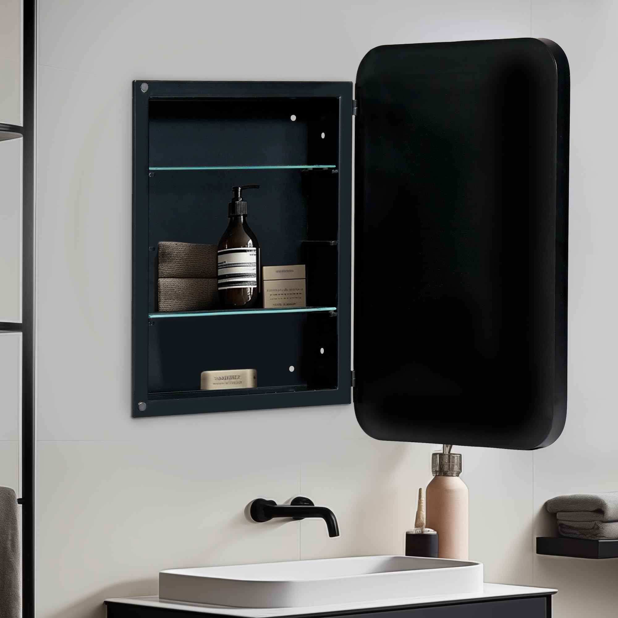 soges Black Medicine Cabinet Mirror with 2 Adjustable Storage Shelves, 24”x16” Recessed Medicine Cabinet with Mirror for Bathroom, Wall Mounted Deep Metal Framed Rounded Corner Rectangle