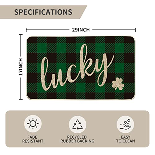 Artoid Mode Buffalo Plaid Lucky Clover Shamrock Decorative Doormat, Seasonal Spring St. Patrick's Day Holiday Low-Profile Floor Mat Switch Mat for Indoor Outdoor 17 x 29 Inch