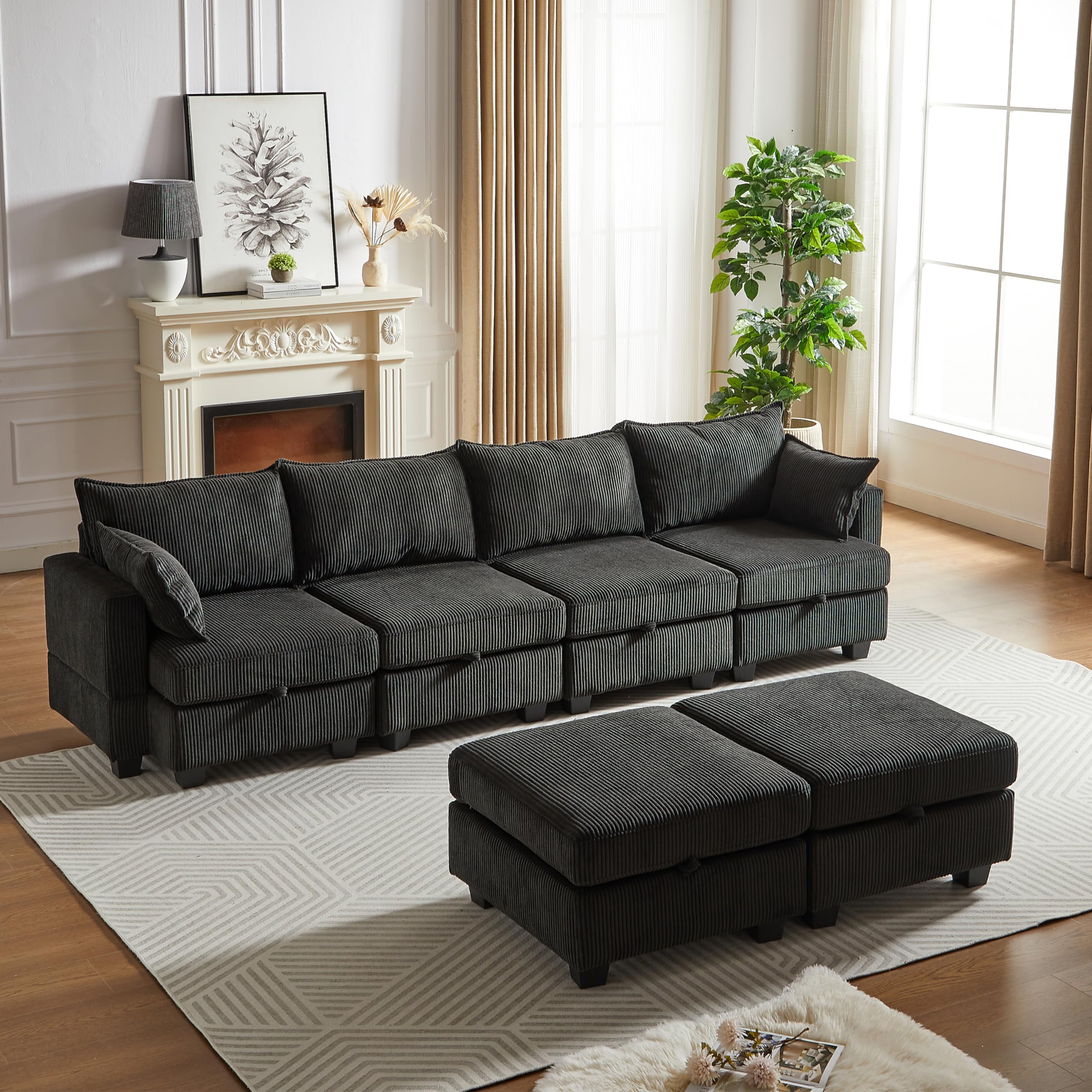 amervanito 113.5''Modern Modular Sectional Sofa, Large U-Shape Sectional Sofa Couch with Storage Seat, 6 Seats Convertible Sofa Bed with Reversible Chaise for Living Room (Black), wf035