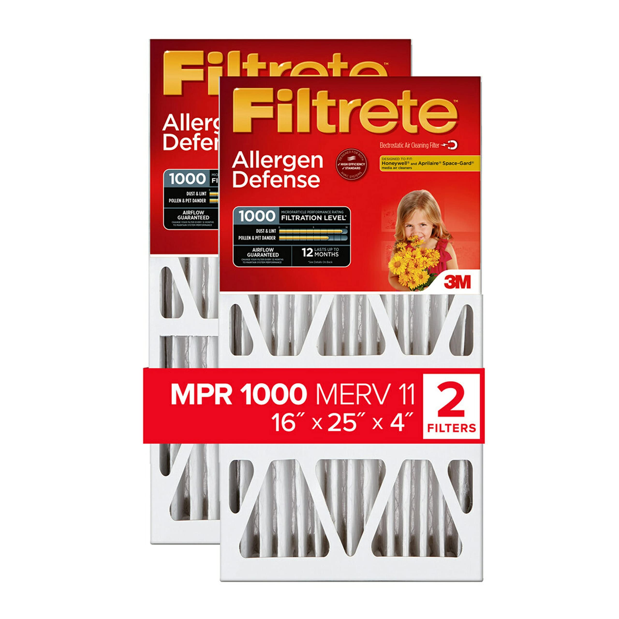 Filtrete ADP01-2PK-2 16x25x4 AC Furnace Air Filter, MPR 1000, Fits Honeywell and Lennox Devices, Micro Allergen Defense Deep Pleat, 2-Pack (Actual Dimensions 15.88 x 24.56 x 4.31), 2 Count