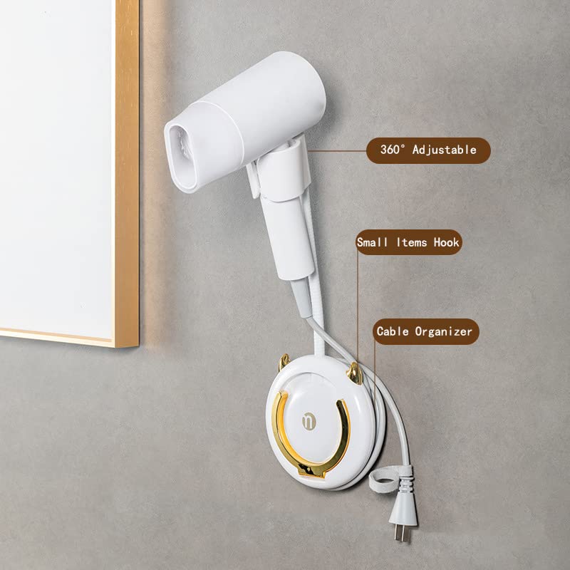 JARPSIRY 360° Adjustable Hands Free Hair Dryer Holder, Wall Mounted Blow Dryer Stand Rack with Cable Hanger, Flexible Lazy Hair Dryer Holder Bathroom Organizer