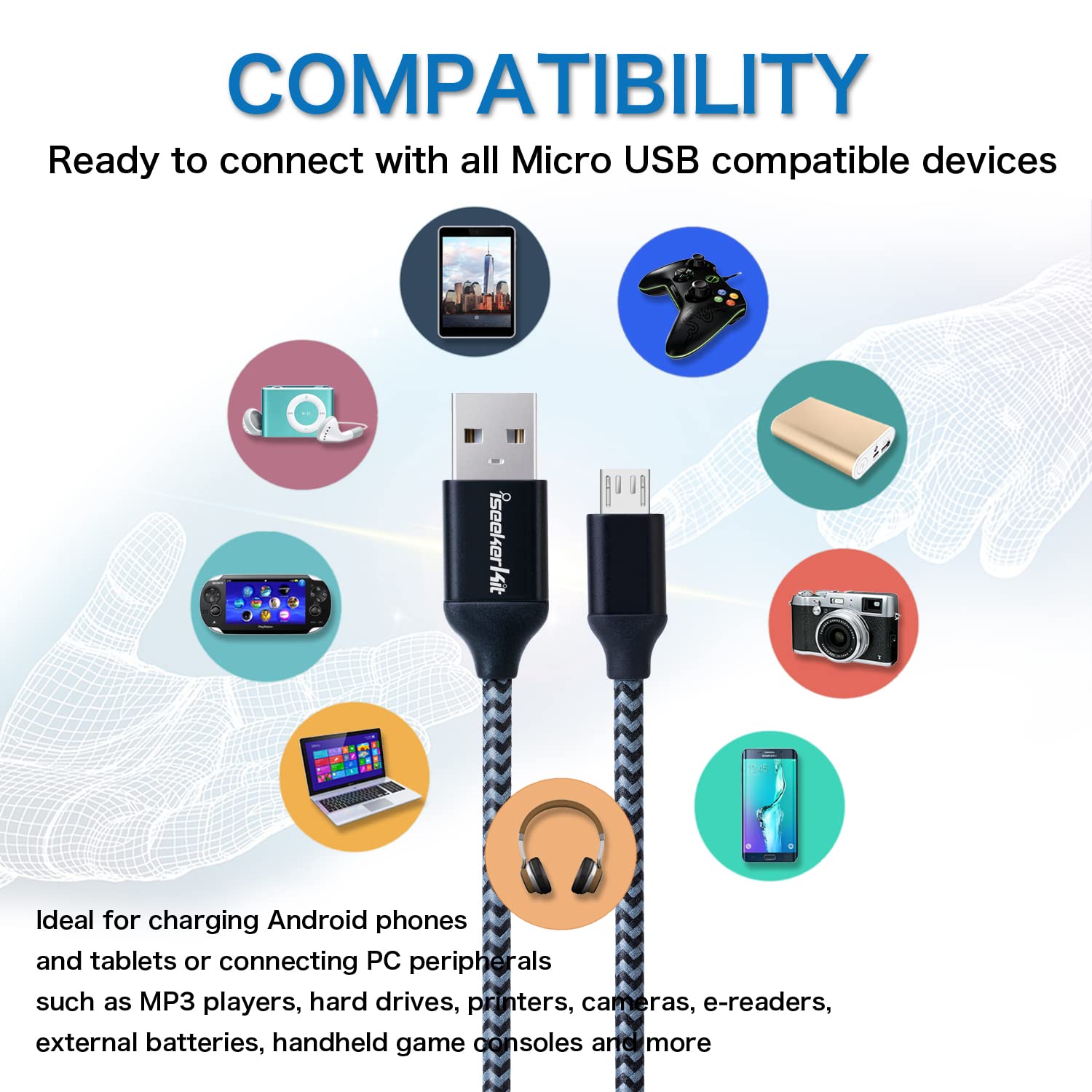 iSeekerKit Short Micro USB Cable 1Ft Nylon Braided Fast USB Charging Cord Compatible for External Battery Charger, Samsung, HTC, LG, Android and More [3 Pack] (Black)