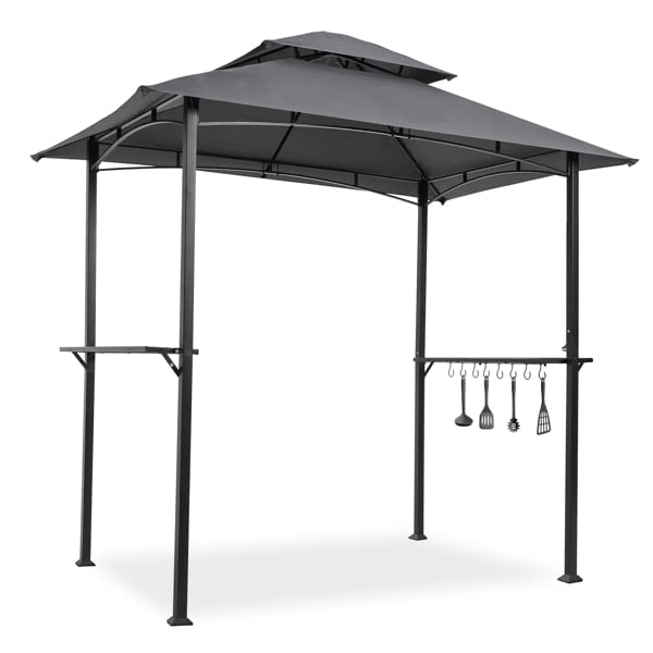 8x5 ft Double Tier Ventilated BBQ Gazebo Canopy Tent - Grey Powder Coated Steel Frame